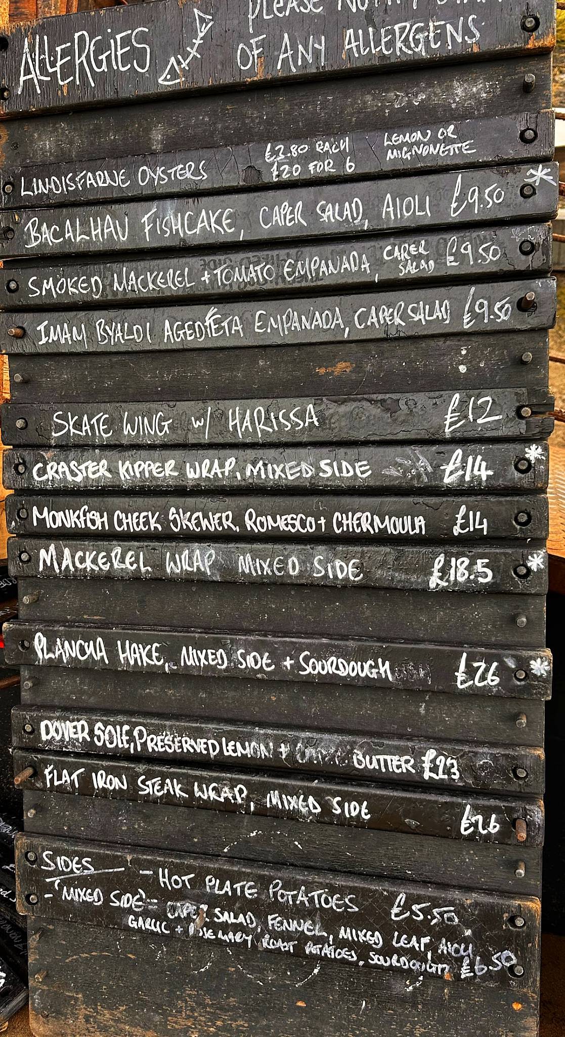 Menu at Riley's Fish Shack restaurant, Tynemouth