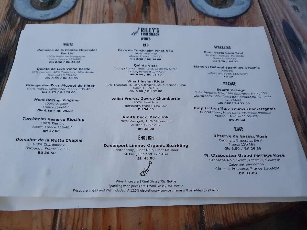 Menu at Riley's Fish Shack restaurant, Tynemouth