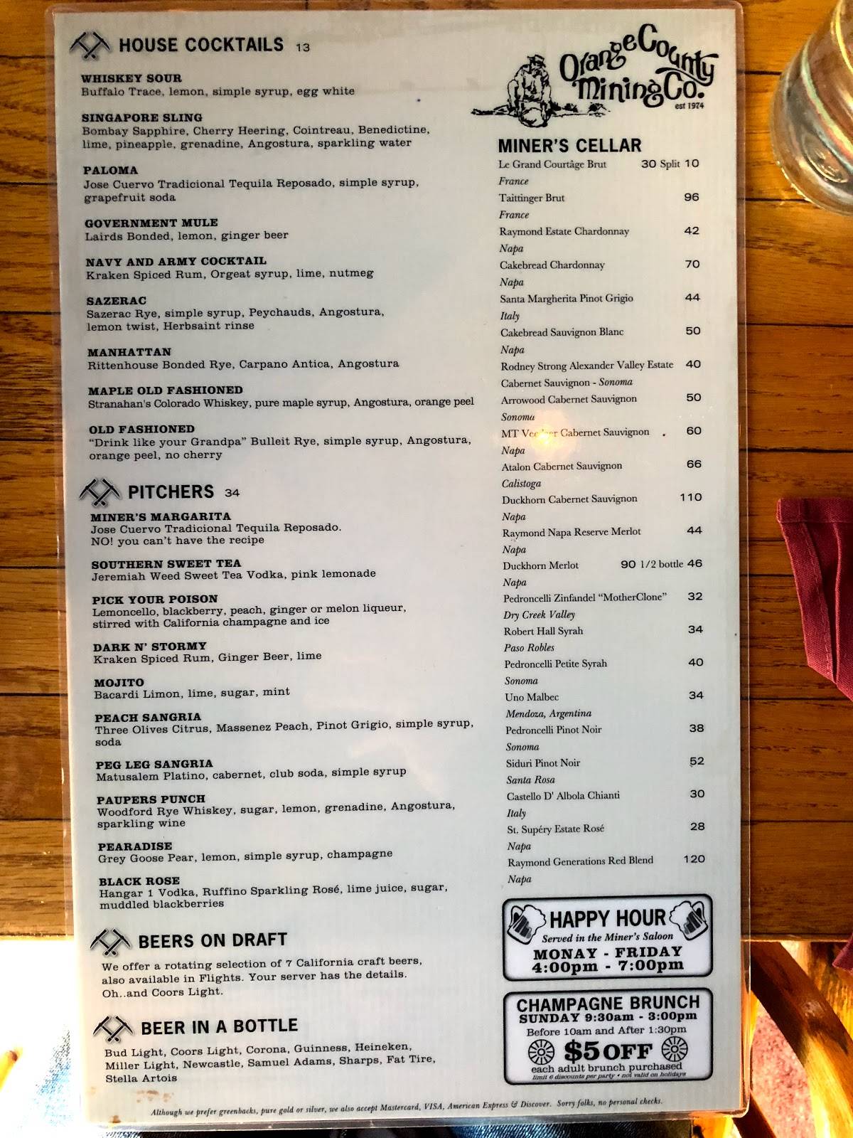 Menu at Orange County Mining Co pub & bar, Orange