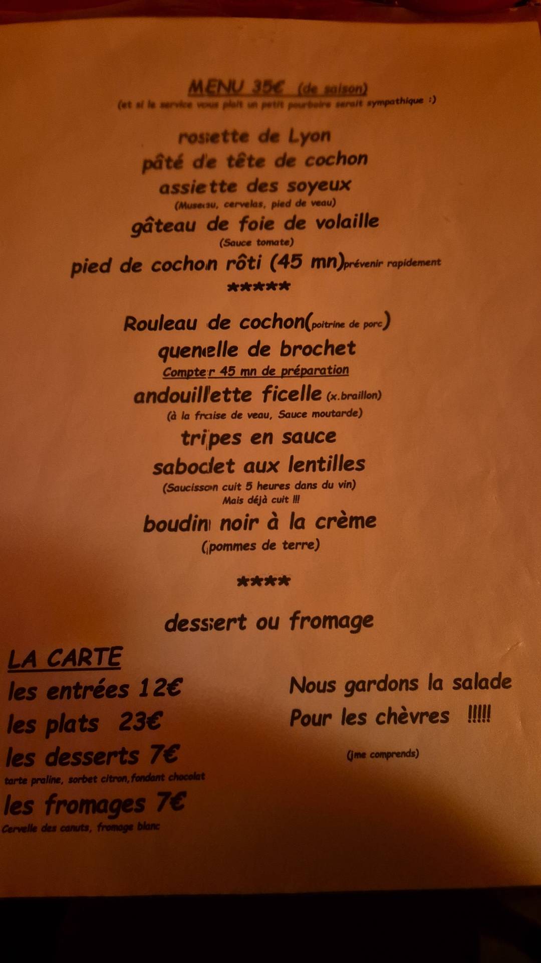 Menu au notre maison restaurant, Lyon