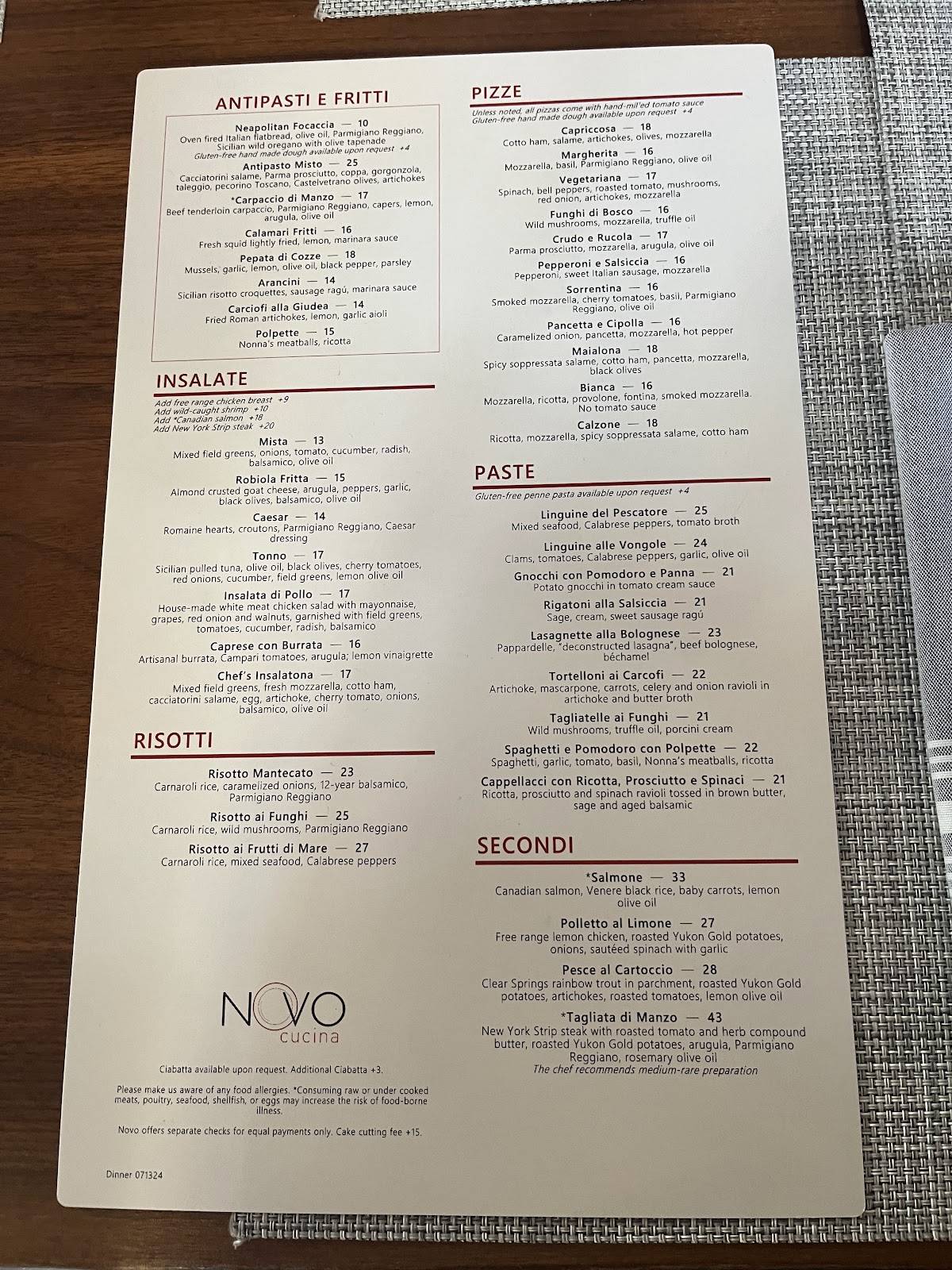 Menu at Novo Cucina pub & bar, Dunwoody