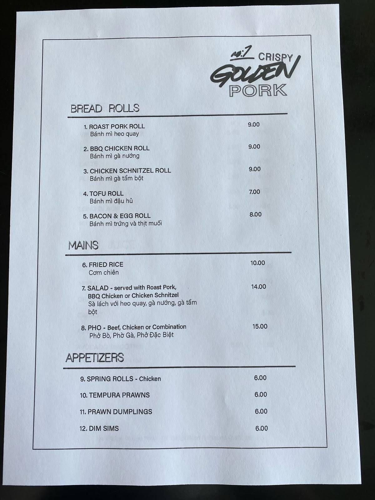 Menu at Number One Crispy Golden Pork cafe, Richmond