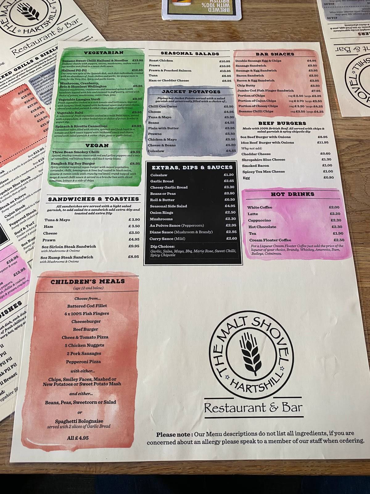 Menu at The Malt Shovel pub & bar, Nuneaton