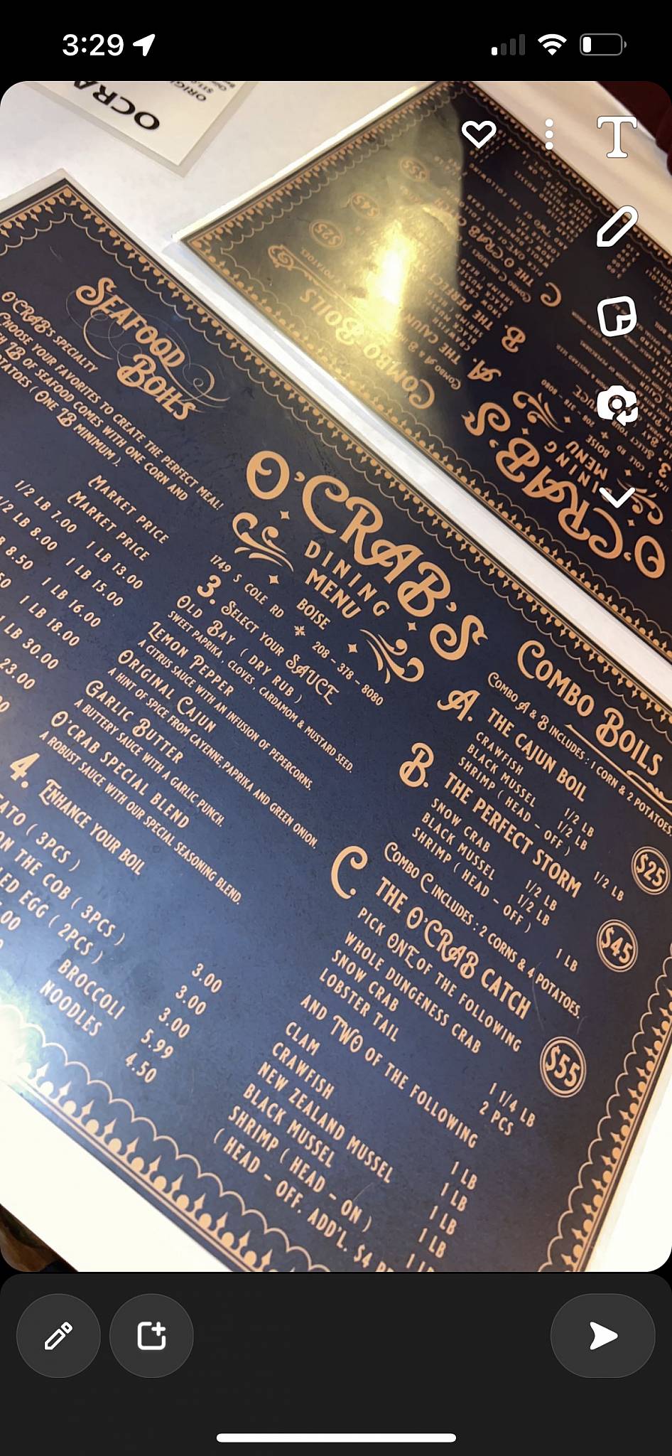 Menu at O Crab Seafood and Bar, Boise
