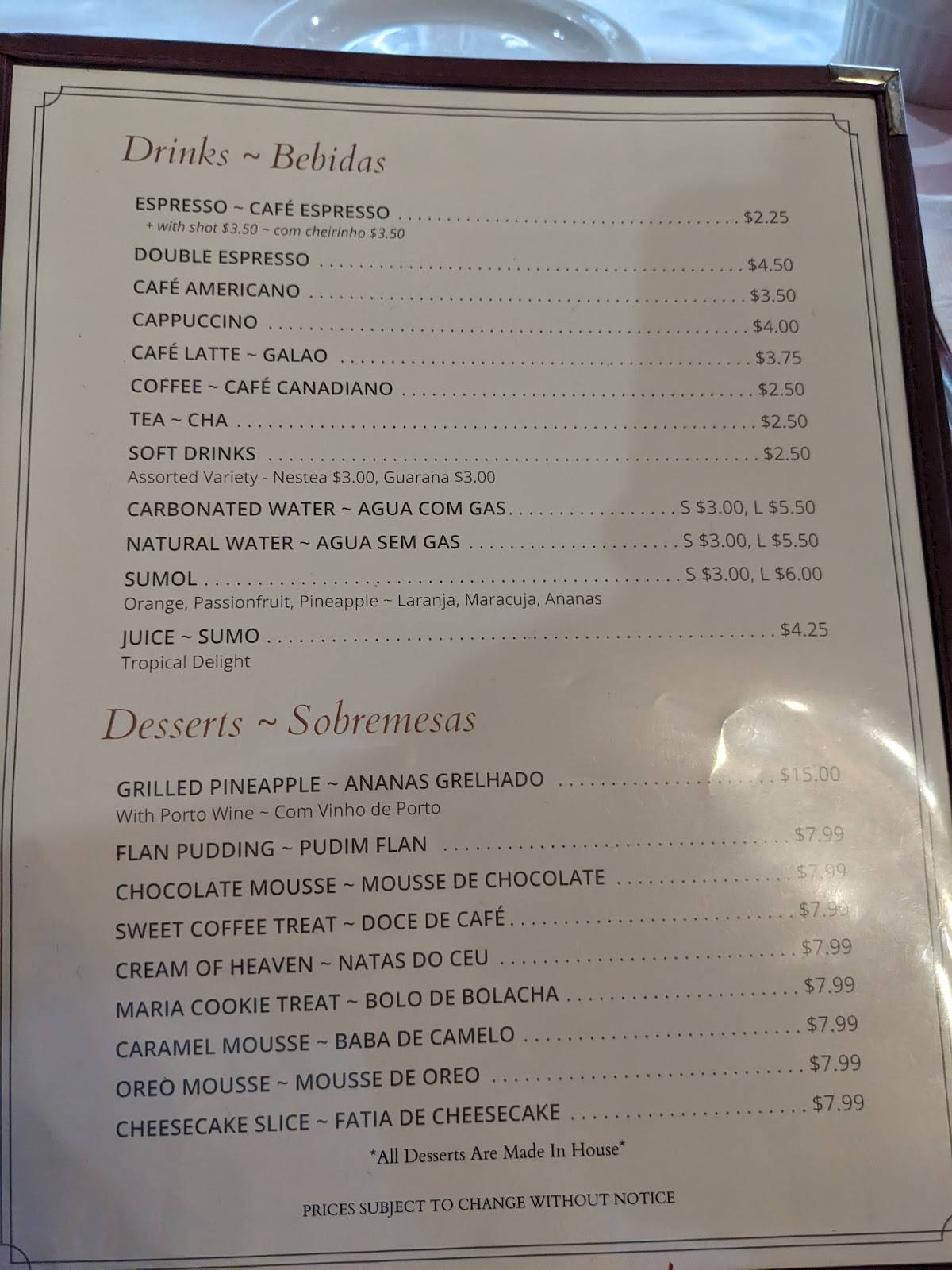 Menu at O Patio Churrasqueira restaurant, Toronto
