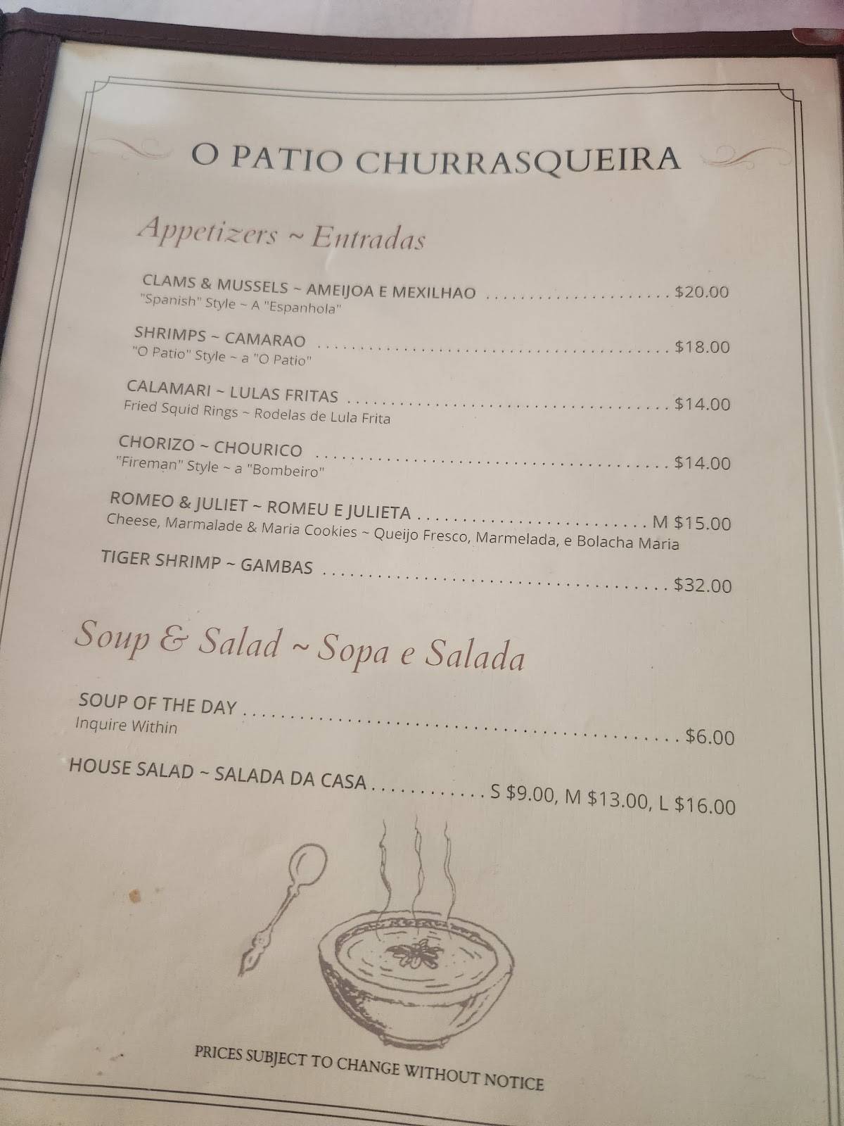 Menu at O Patio Churrasqueira restaurant, Toronto