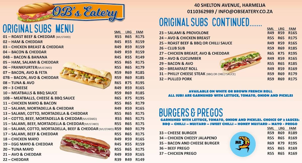 Menu at OBs Eatery Edenvale (Harmelia) restaurant, Edenvale