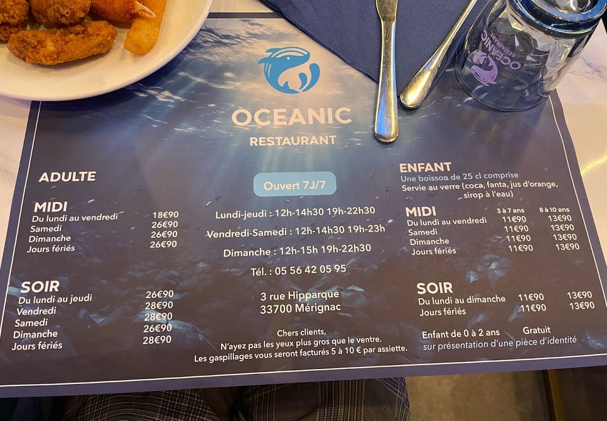 Menu au OCEANIC restaurant, Mérignac