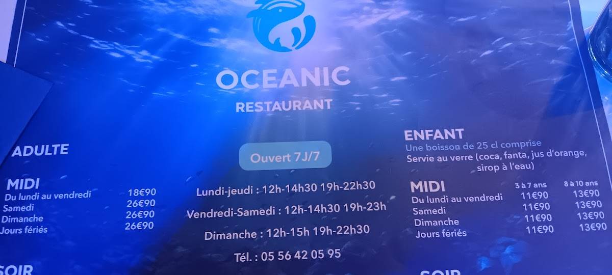 Menu au OCEANIC restaurant, Mérignac