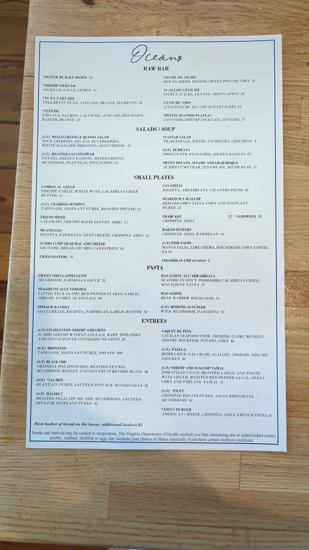 Menu at Oceano Coastal Restaurant, Midlothian