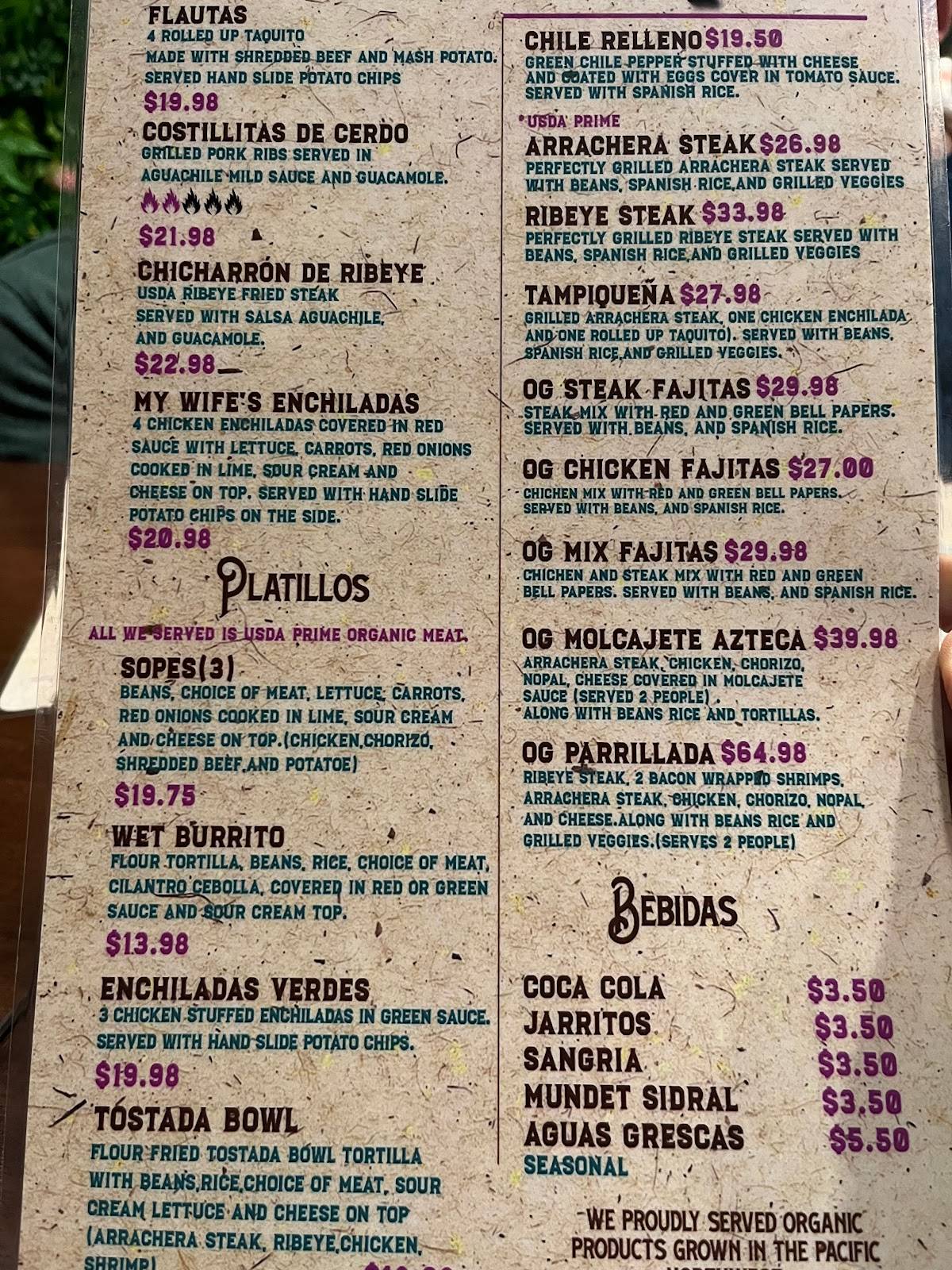 Menu at OG Mexican grill and cantina pub & bar, Aloha