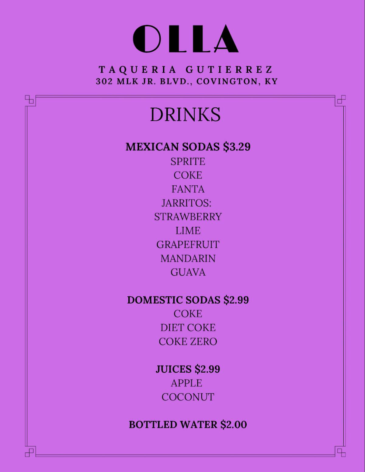 Menu at OLLA Taqueria restaurant, Covington