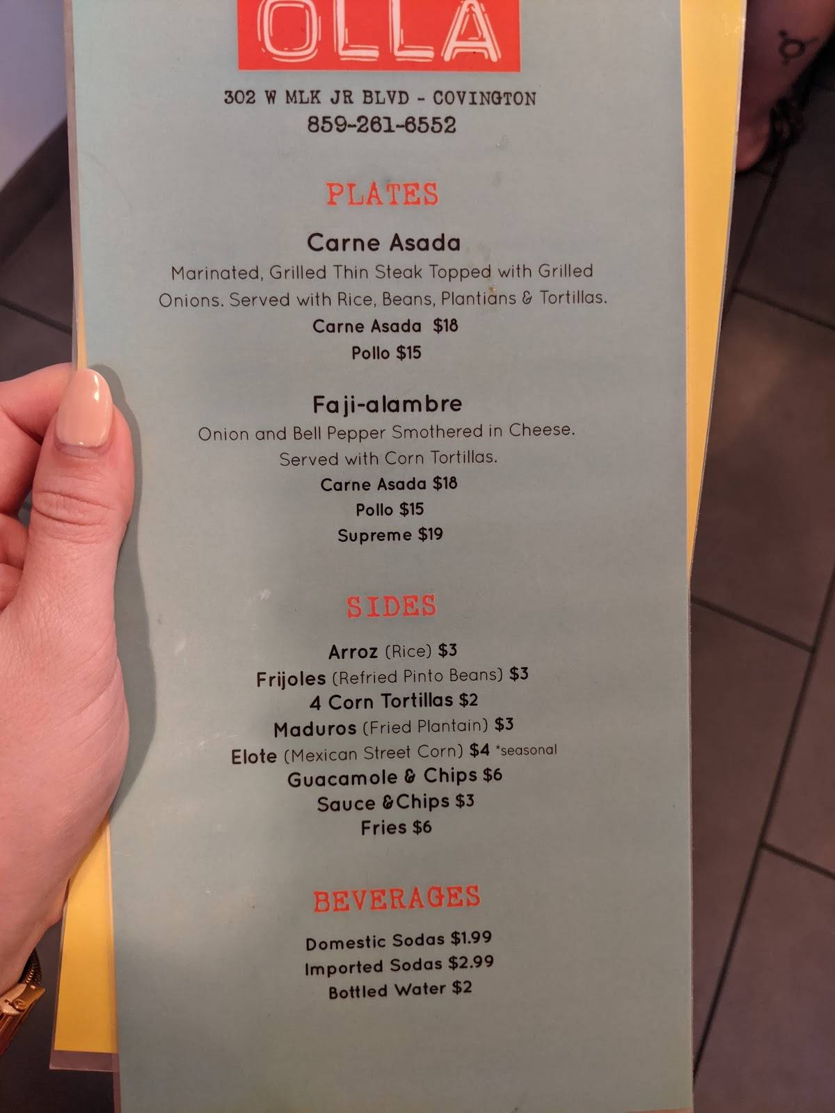 Menu at OLLA Taqueria restaurant, Covington