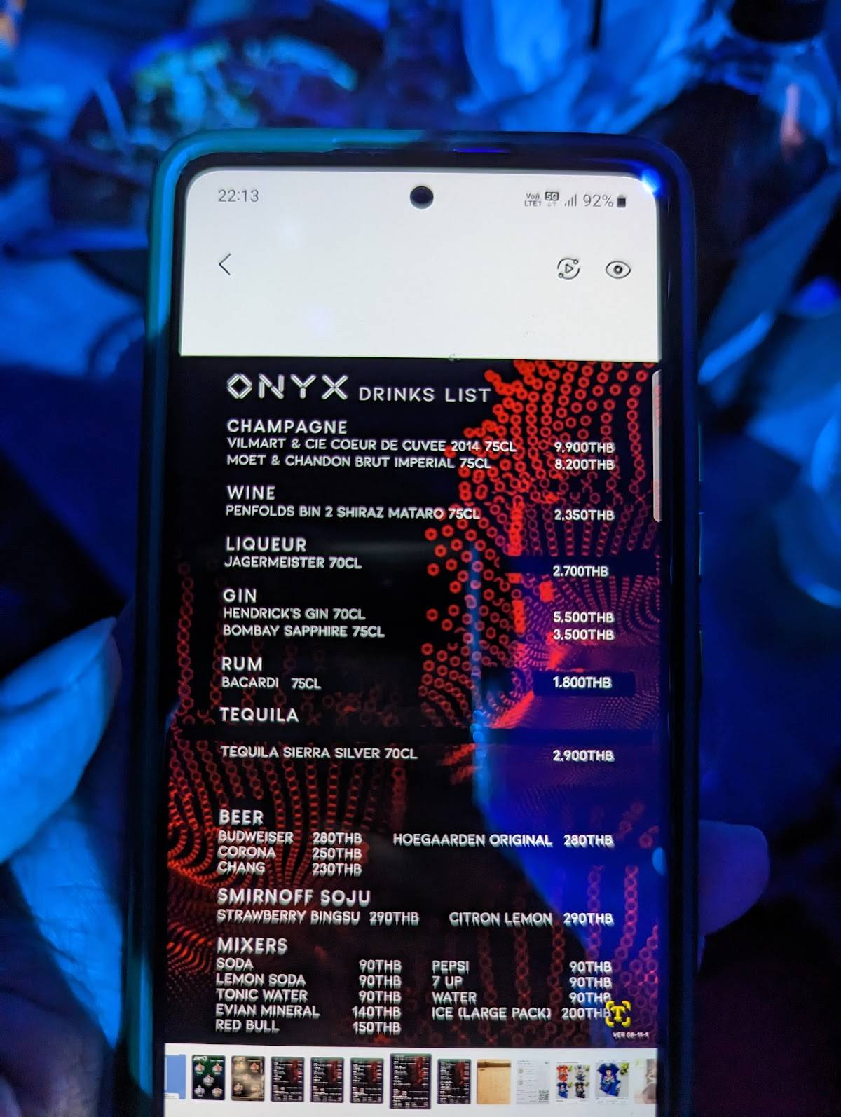 Menu at ONYX club, Bangkok