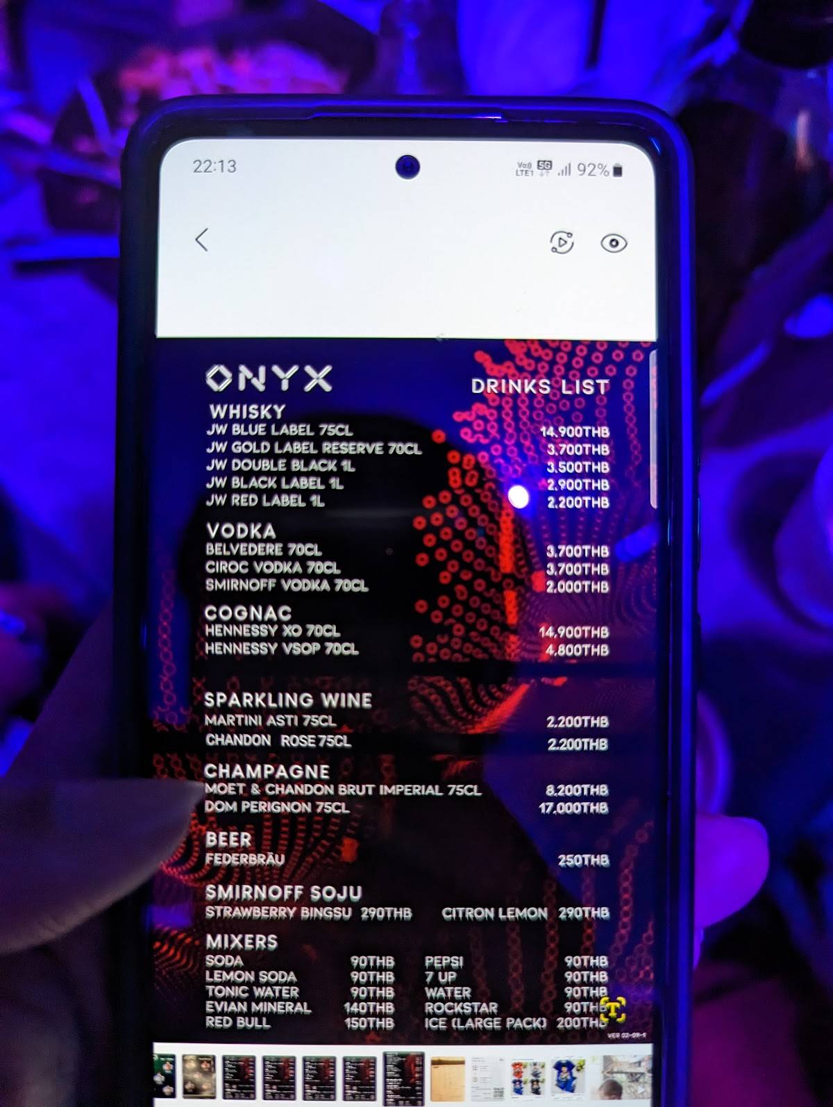 Menu at ONYX club, Bangkok