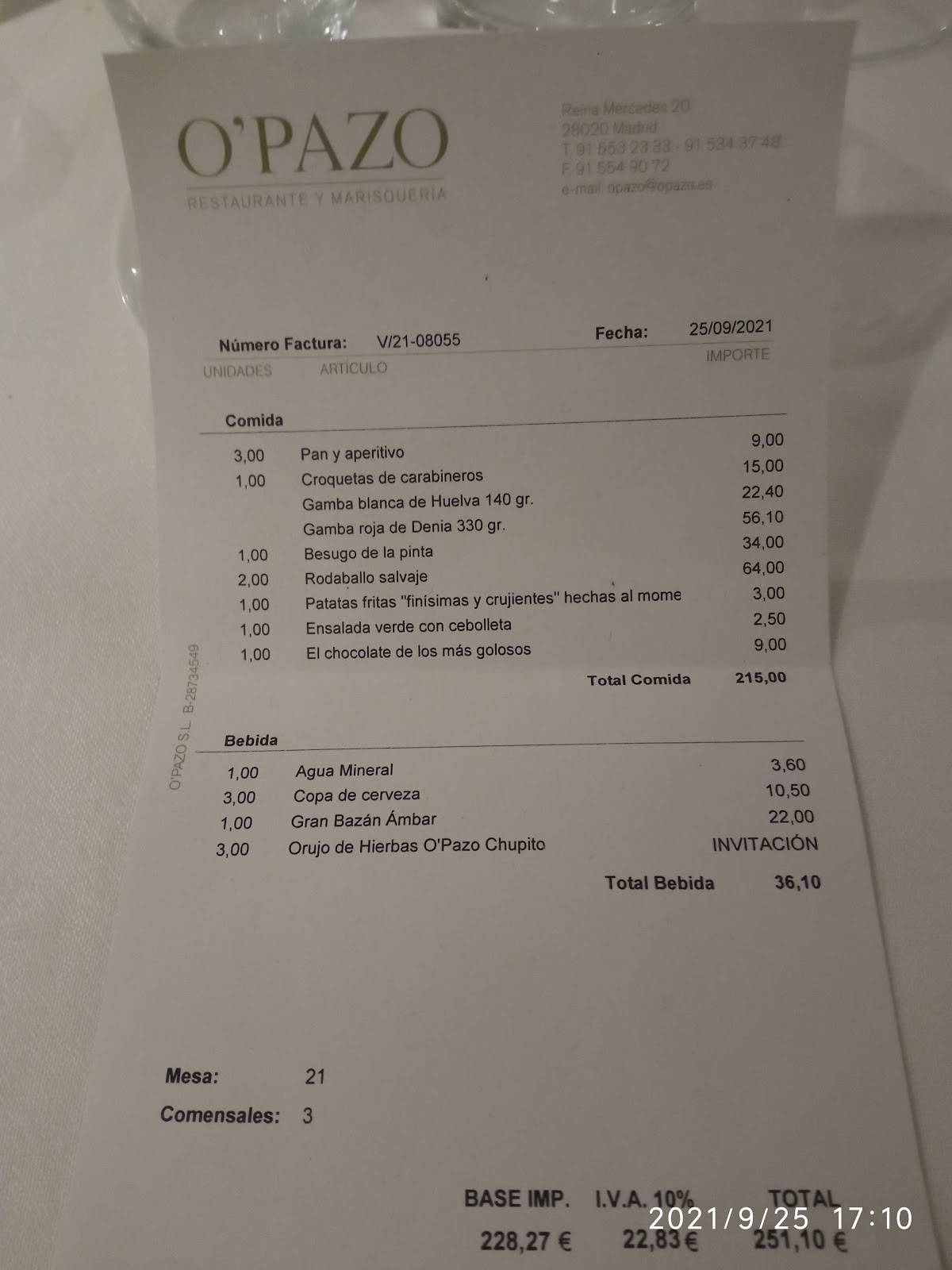 Carta de Restaurante O'Pazo, Madrid