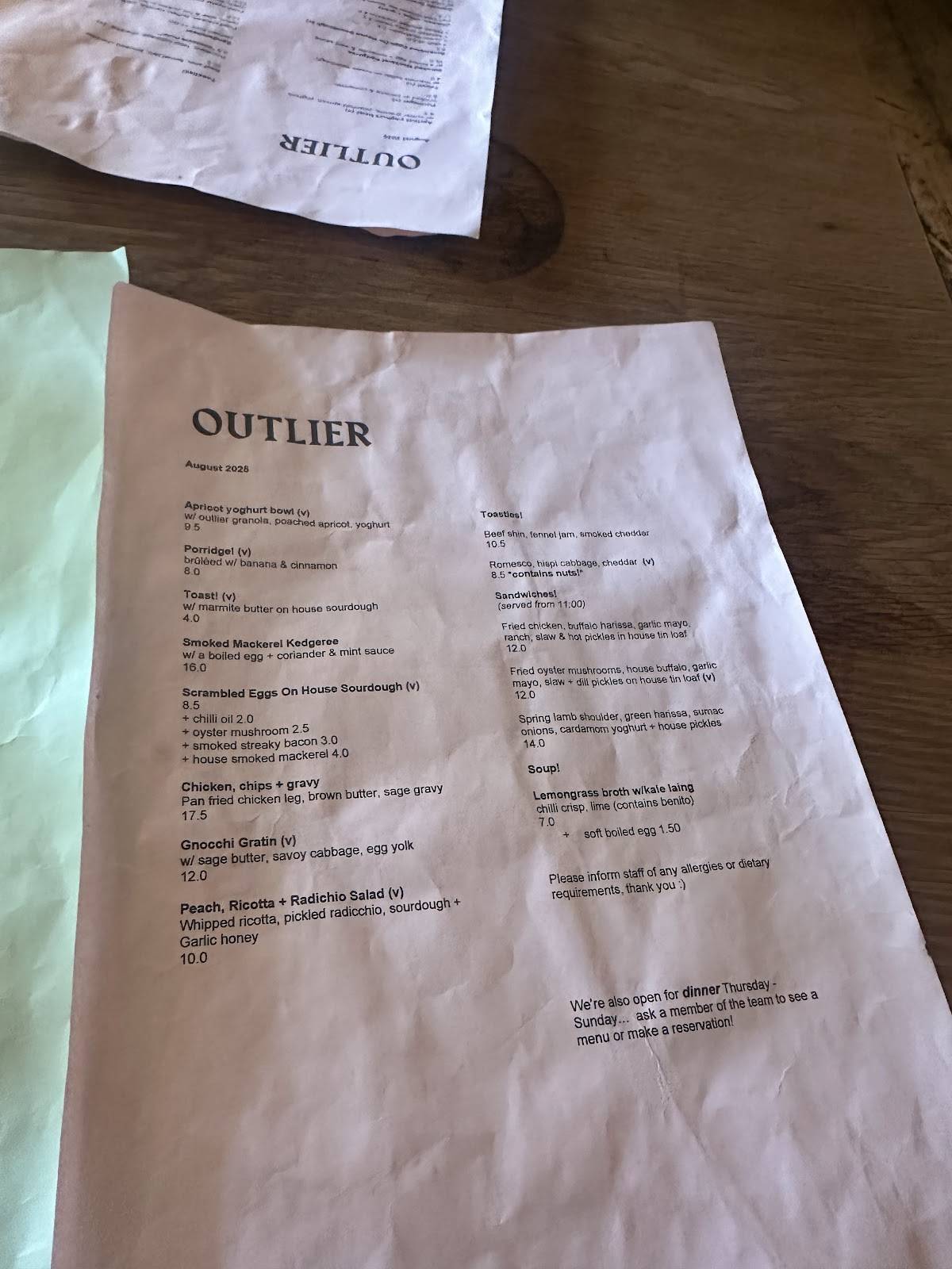 Menu at OUTLIER restaurant, Glasgow