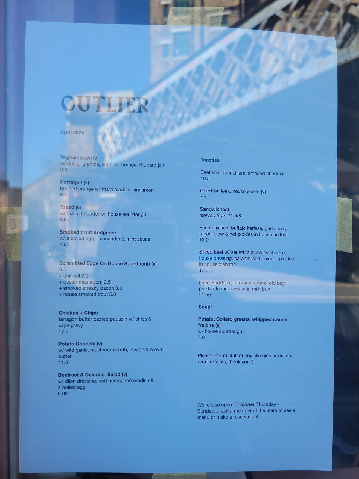 Menu at OUTLIER cafe, Glasgow