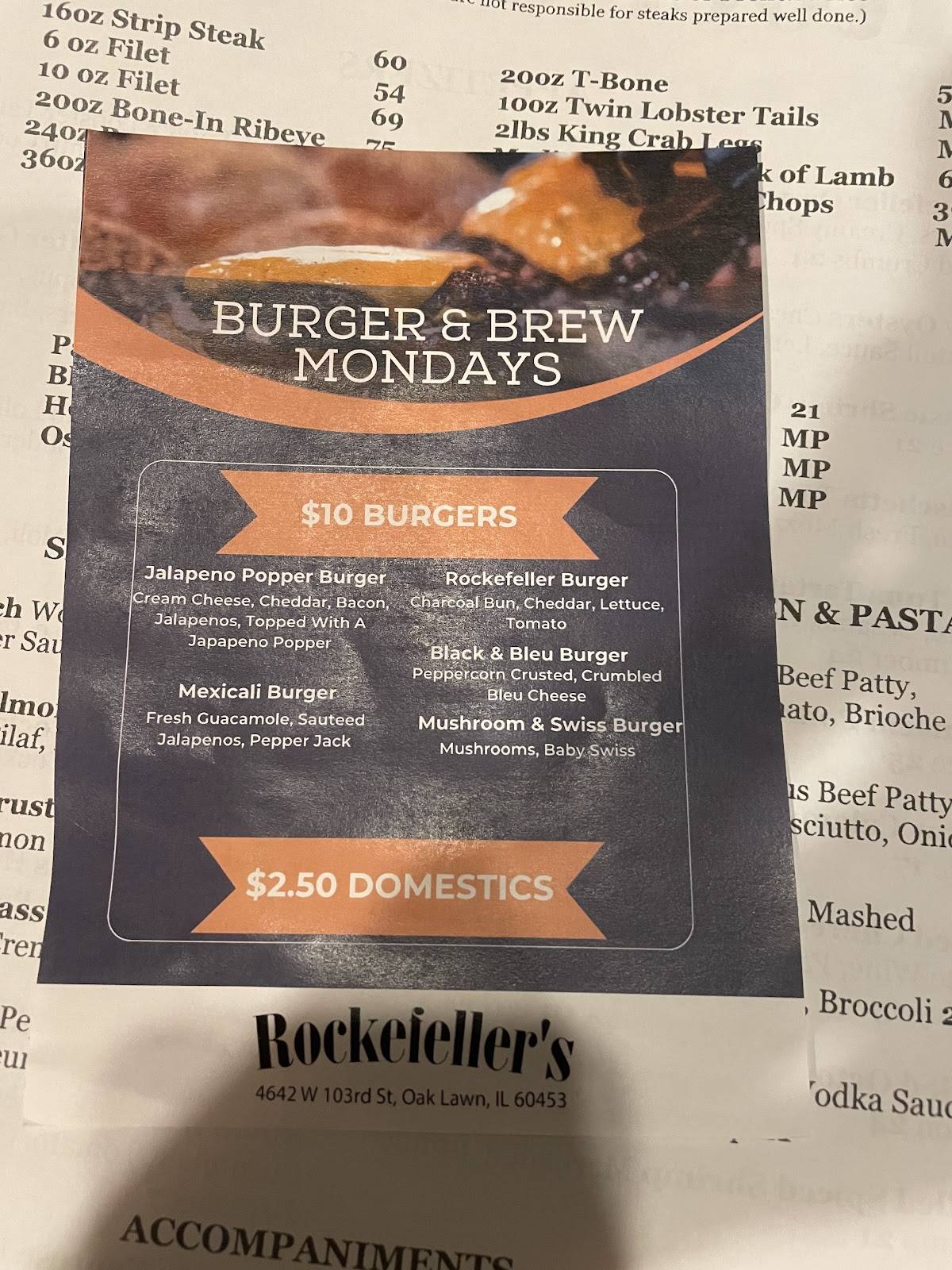 Menu at Rockefeller's steakhouse, Oak Lawn