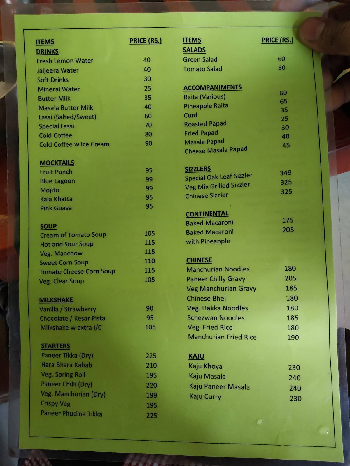 Menu at Oak Leaf Restaurant & banquets, Vadodara, 1st Floor