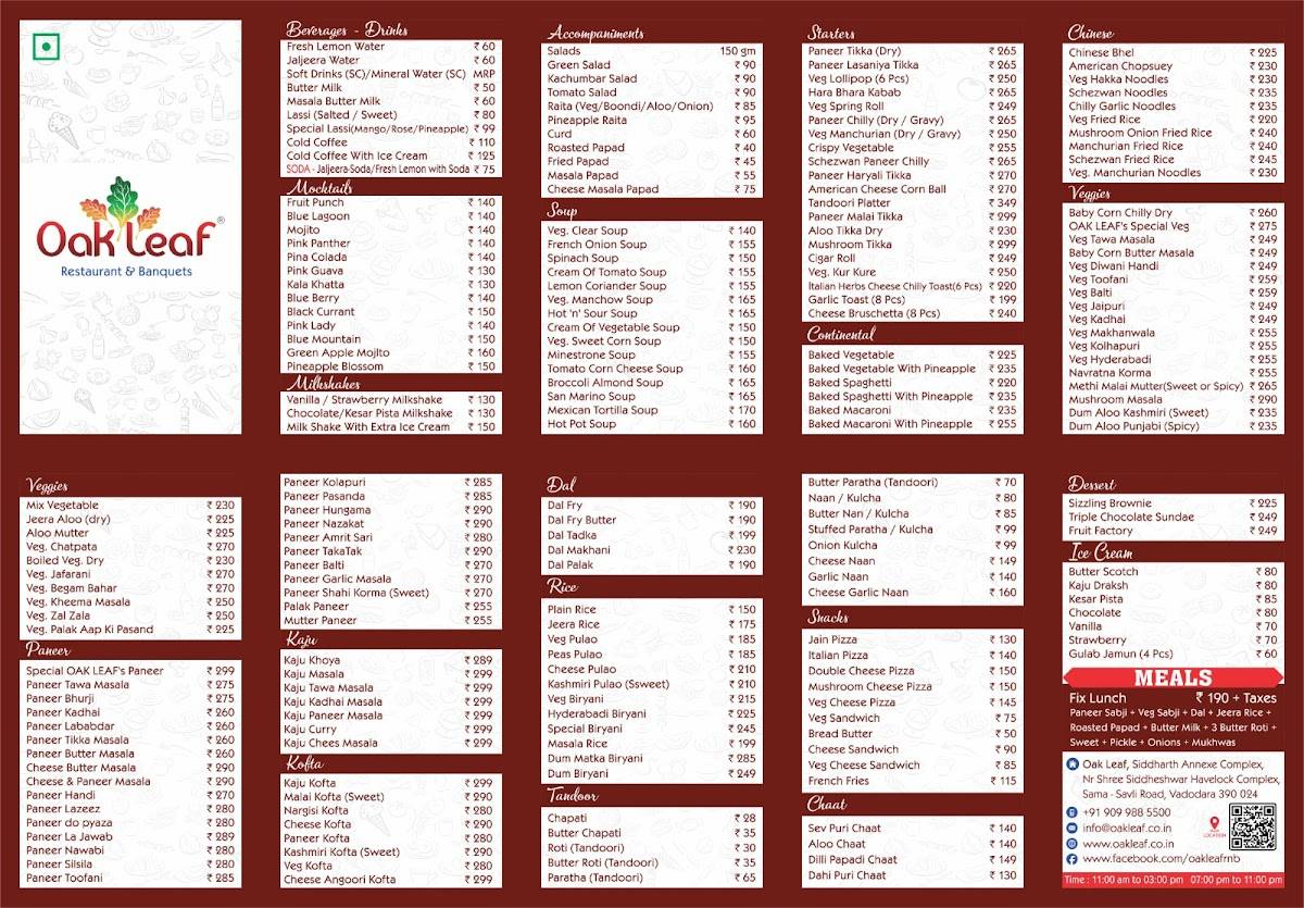 Menu at Oak Leaf Restaurant & banquets, Vadodara, 1st Floor