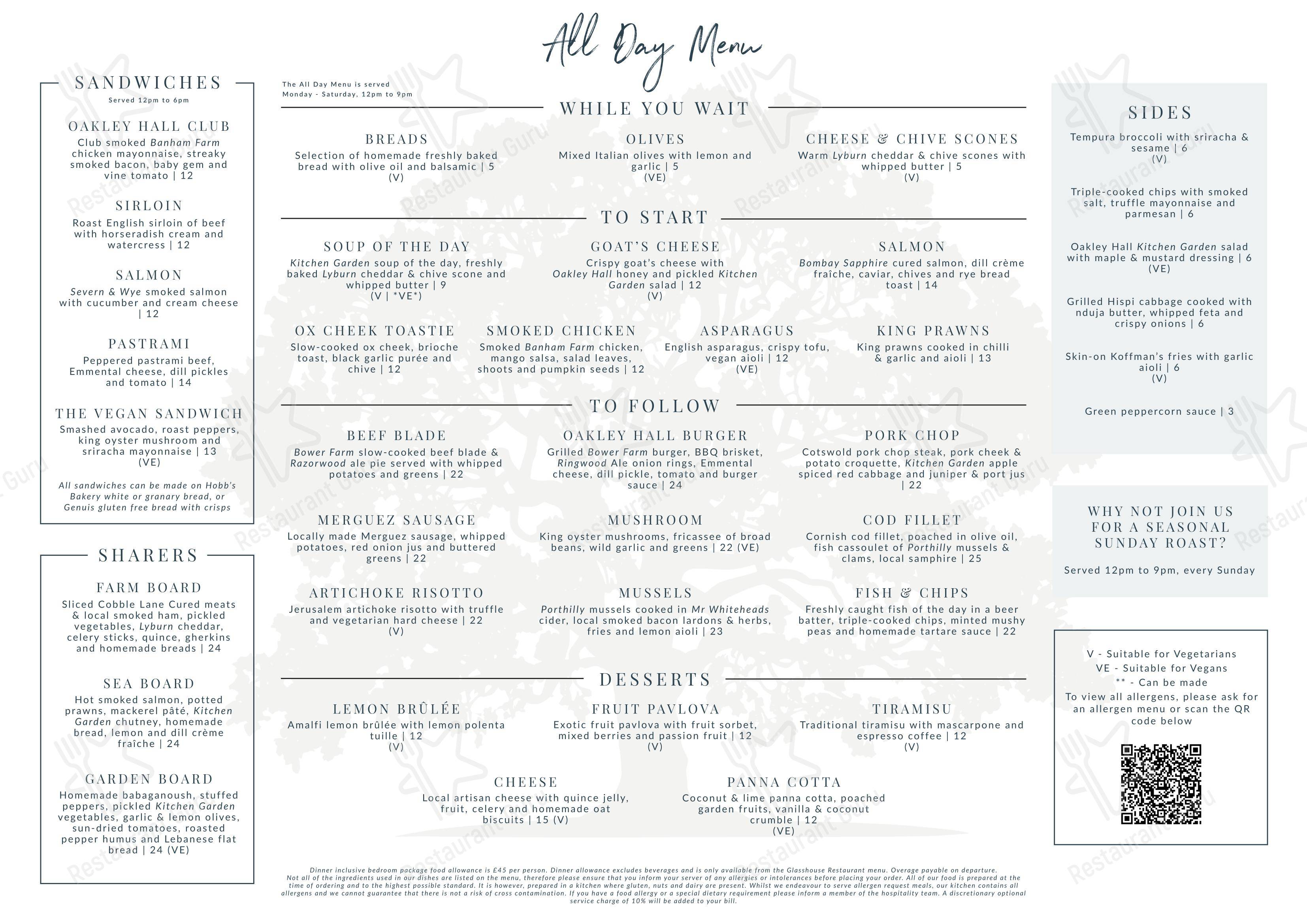 Menu at Oakley Hall Hotel restaurant, Basingstoke