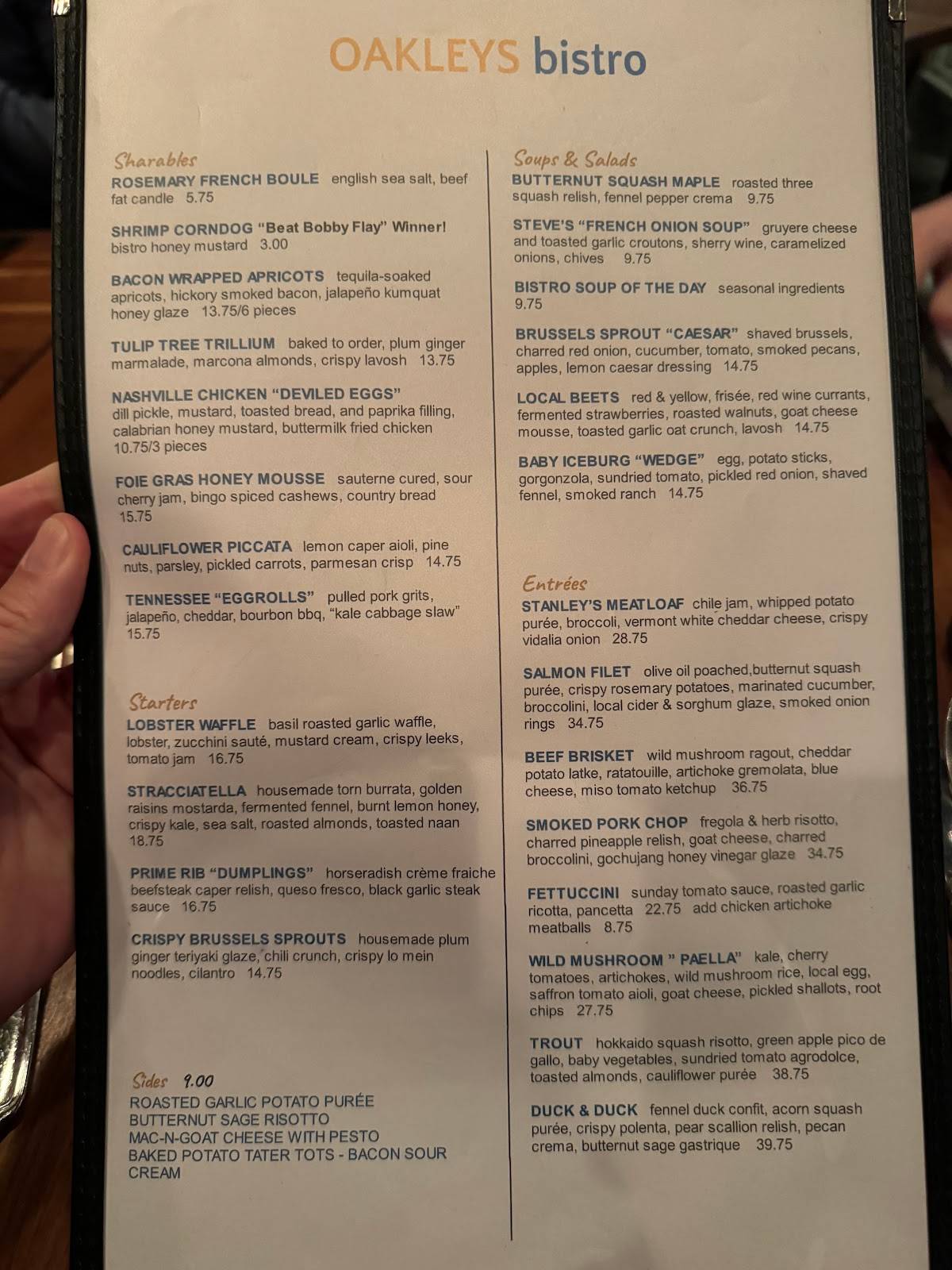 Menu at Oakleys Bistro pub & bar, Indianapolis