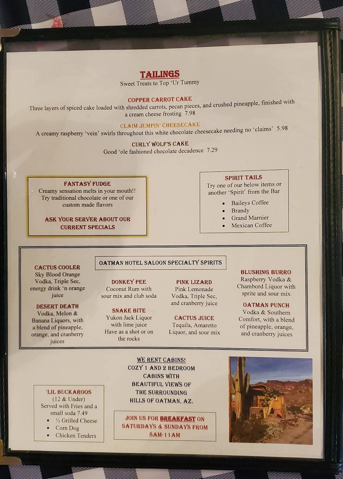 Menu at Oatman Hotel Restaurant & Bar, Oatman