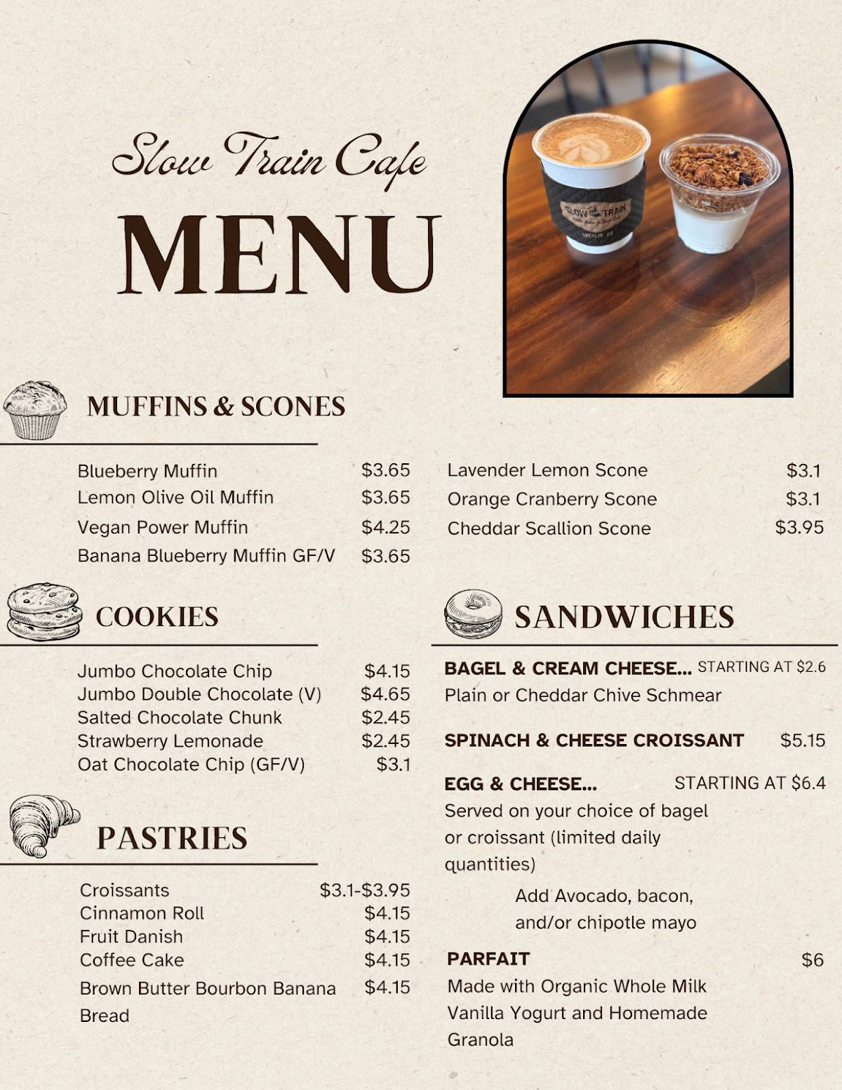 Menu at The Slow Train Cafe, Oberlin