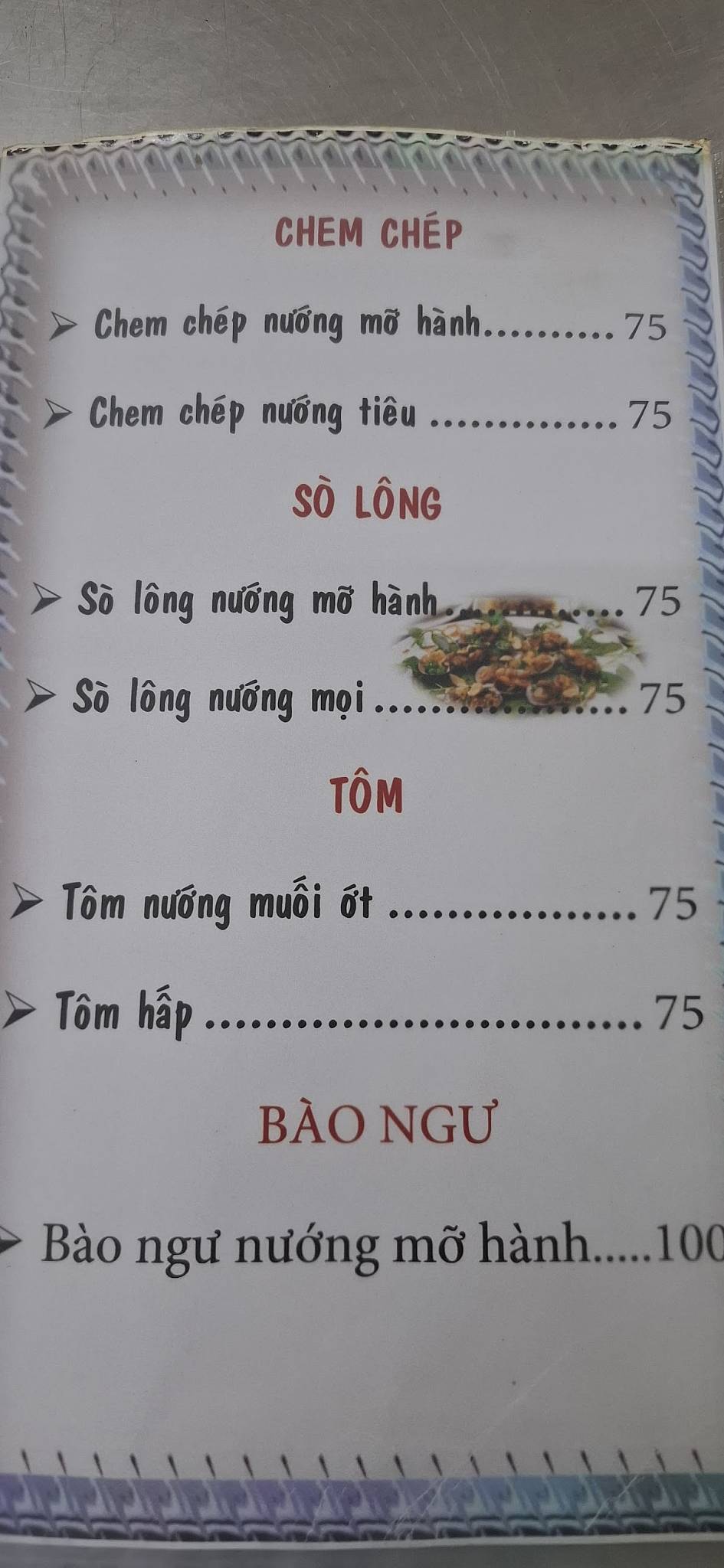 Menu at Ốc Chú Lùn, Ho Chi Minh City