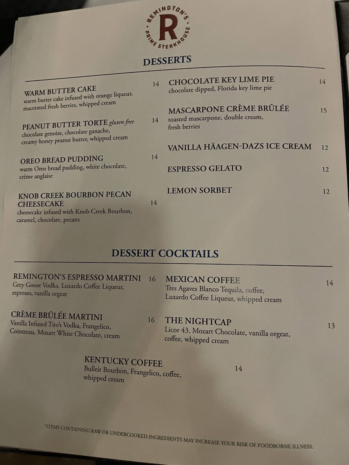 Menu at Remington’s Prime Steakhouse, Ocala