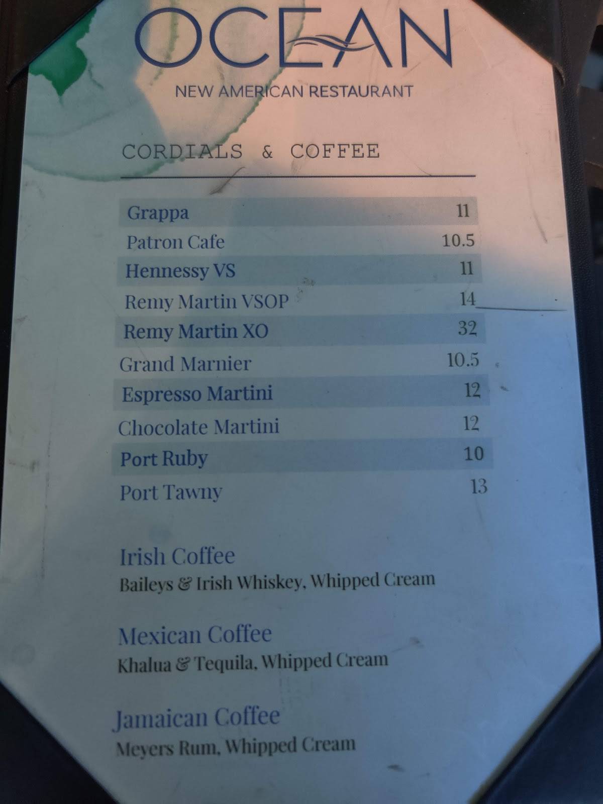 Menu at Ocean restaurant, Easton