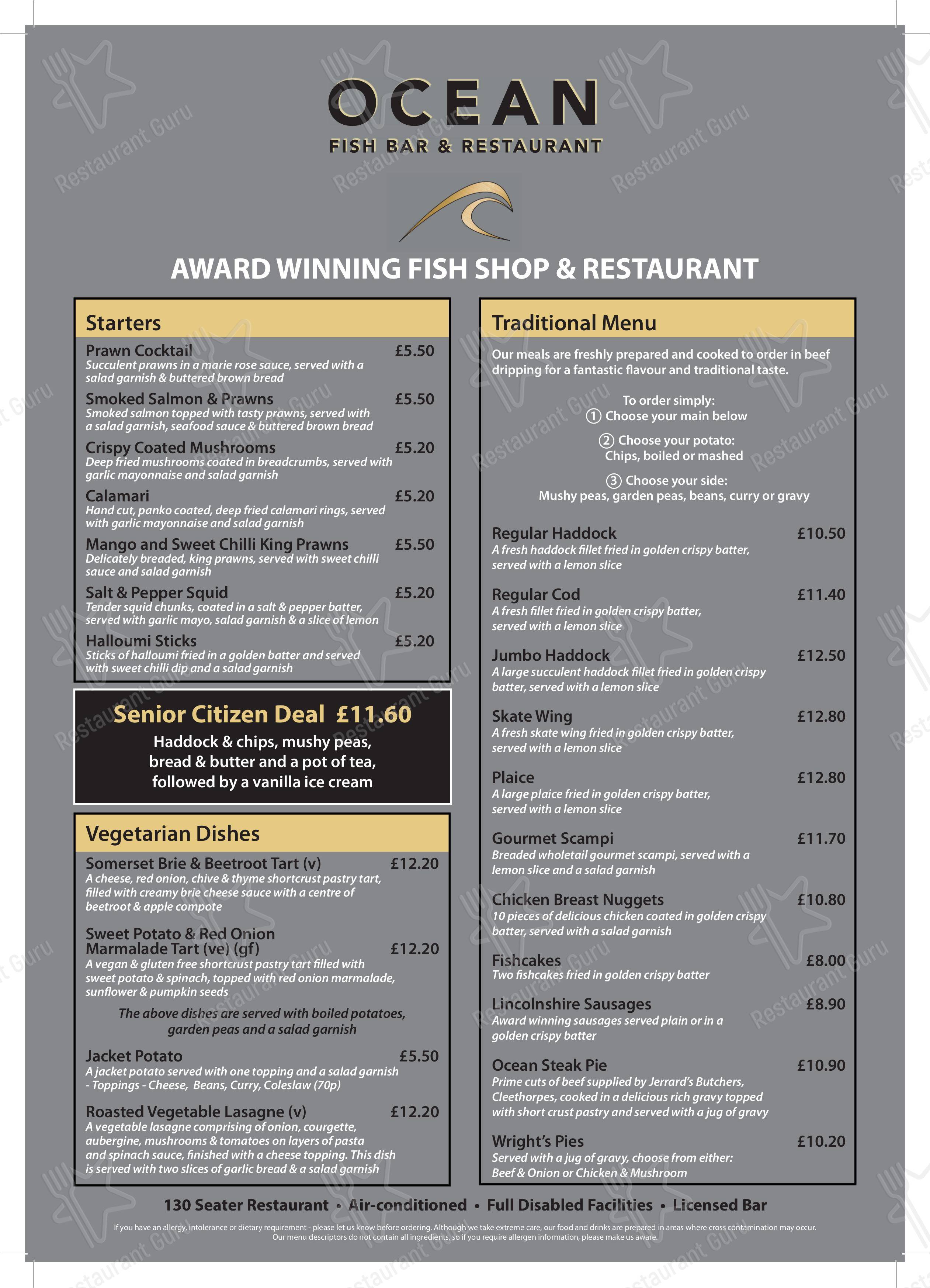 Menu at Ocean Fish Bar, Cleethorpes