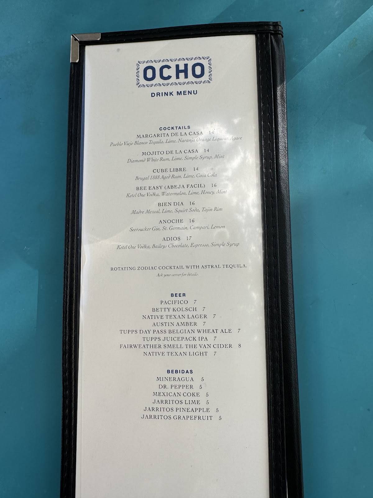 Menu at Ocho restaurant, San Antonio