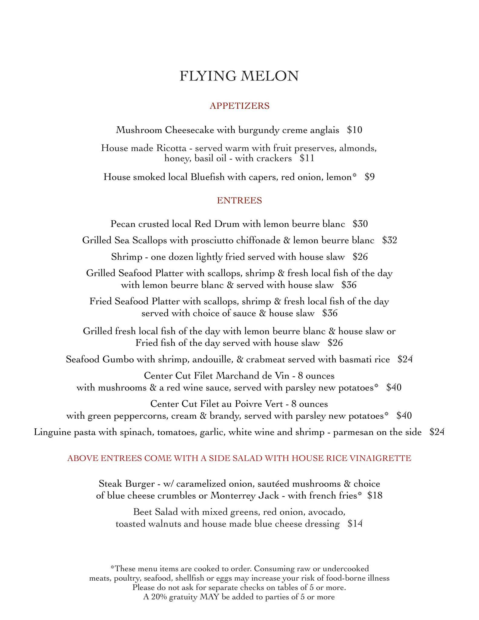 Menu at Flying Melon restaurant, Ocracoke