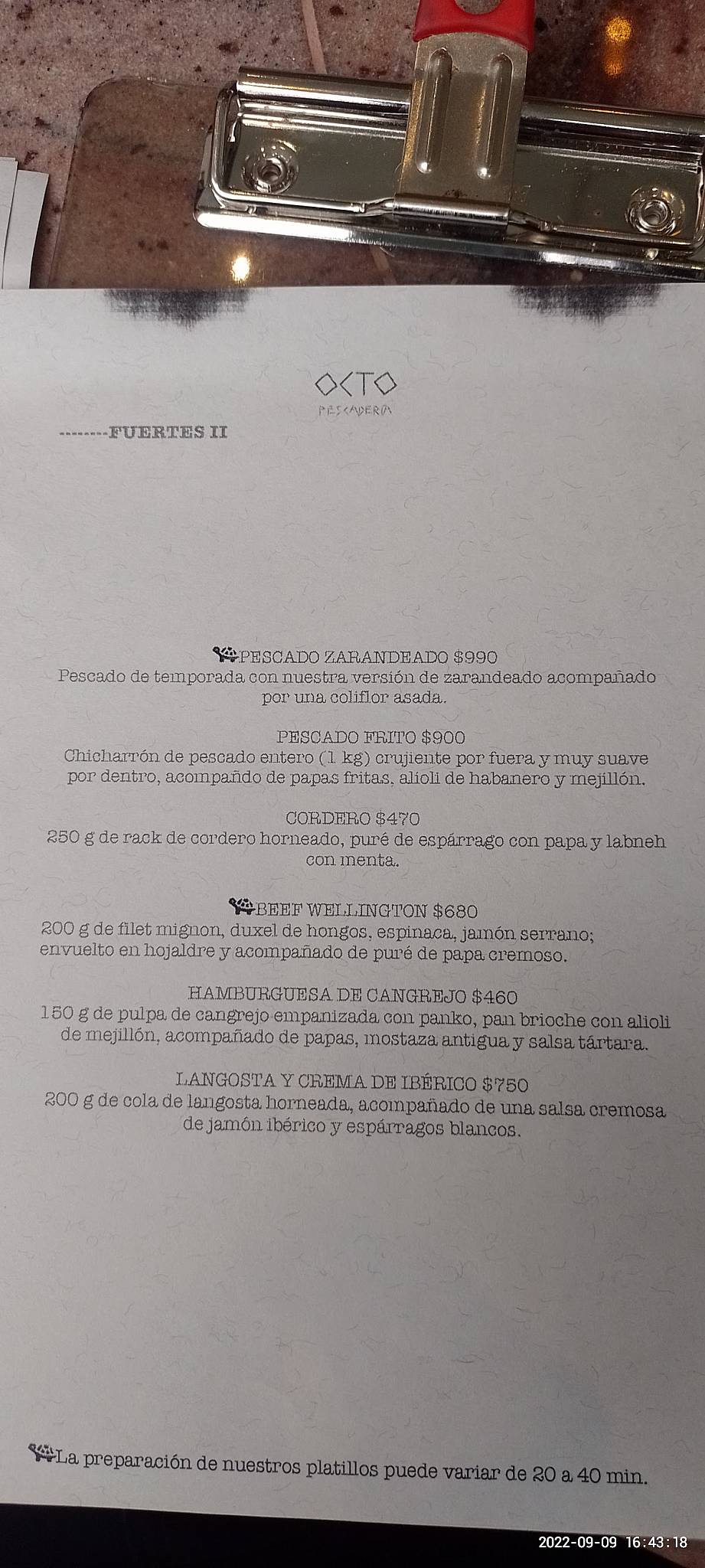 Carta de Octo Restaurante, Guadalajara