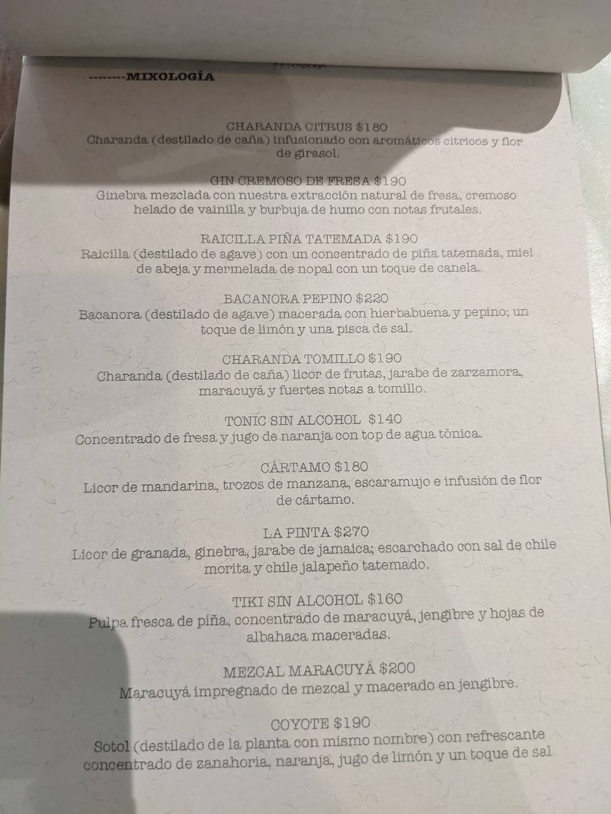 Carta de Octo Restaurante, Guadalajara