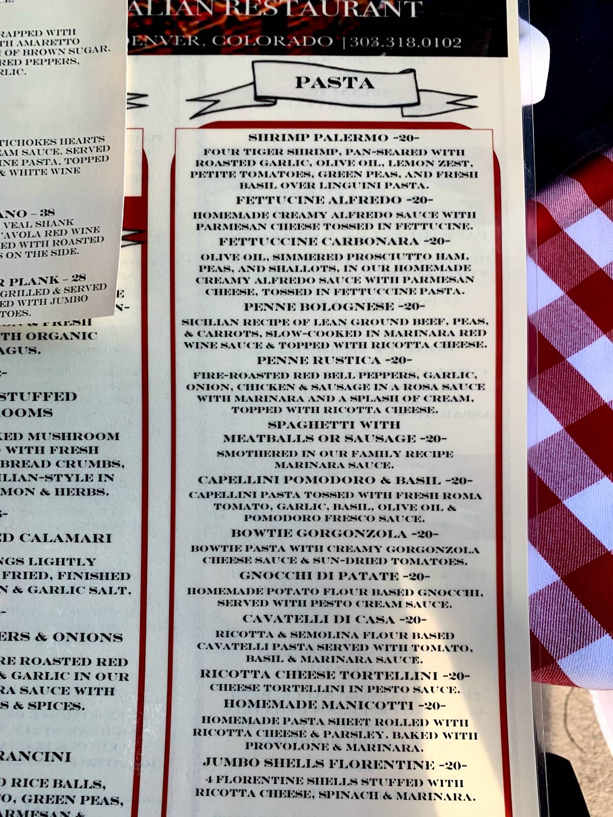 Menu at Odyssey Italian Restaurant, Denver, 603 E 6th Ave