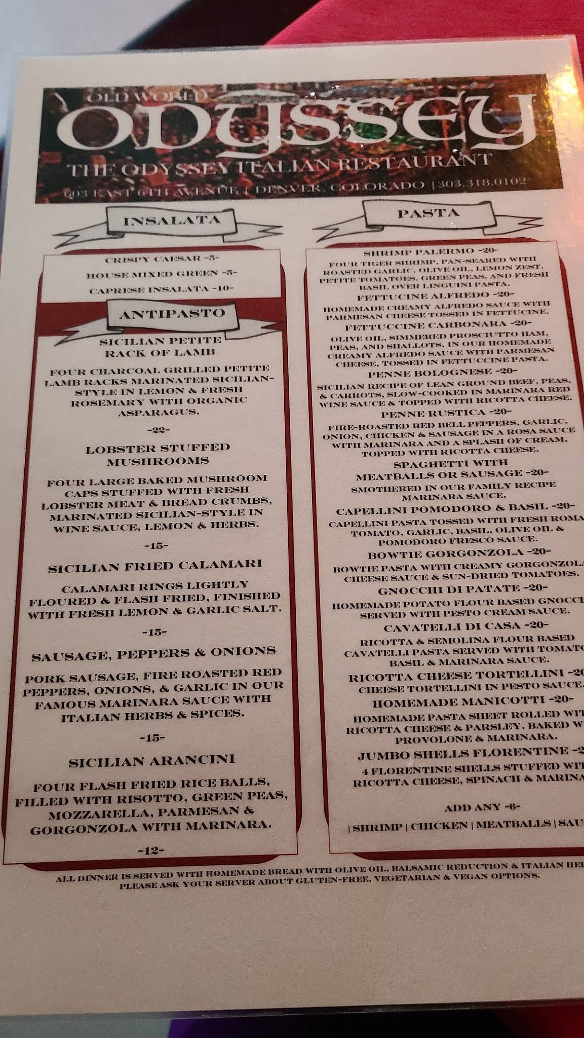 Menu at Odyssey Italian Restaurant, Denver, 603 E 6th Ave