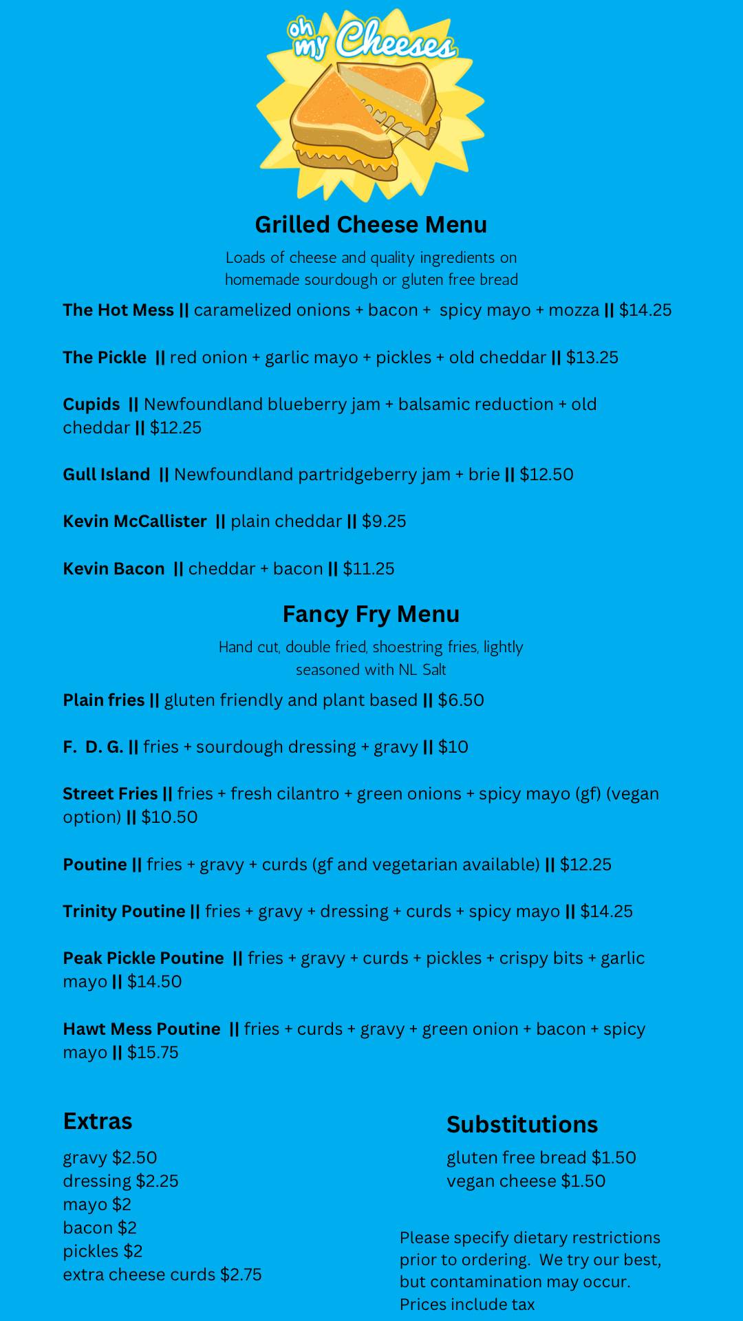 Menu at Oh My Cheeses restaurant, Port Rexton