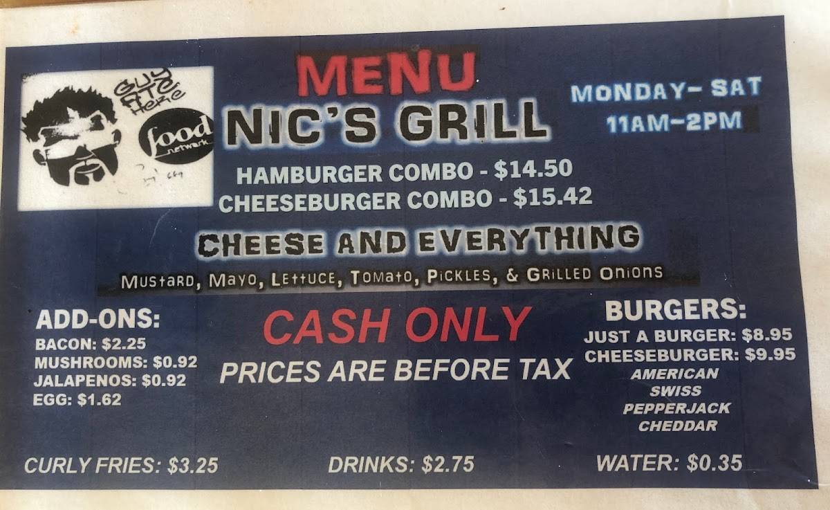 Menu at Nic's Grill restaurant, Oklahoma City