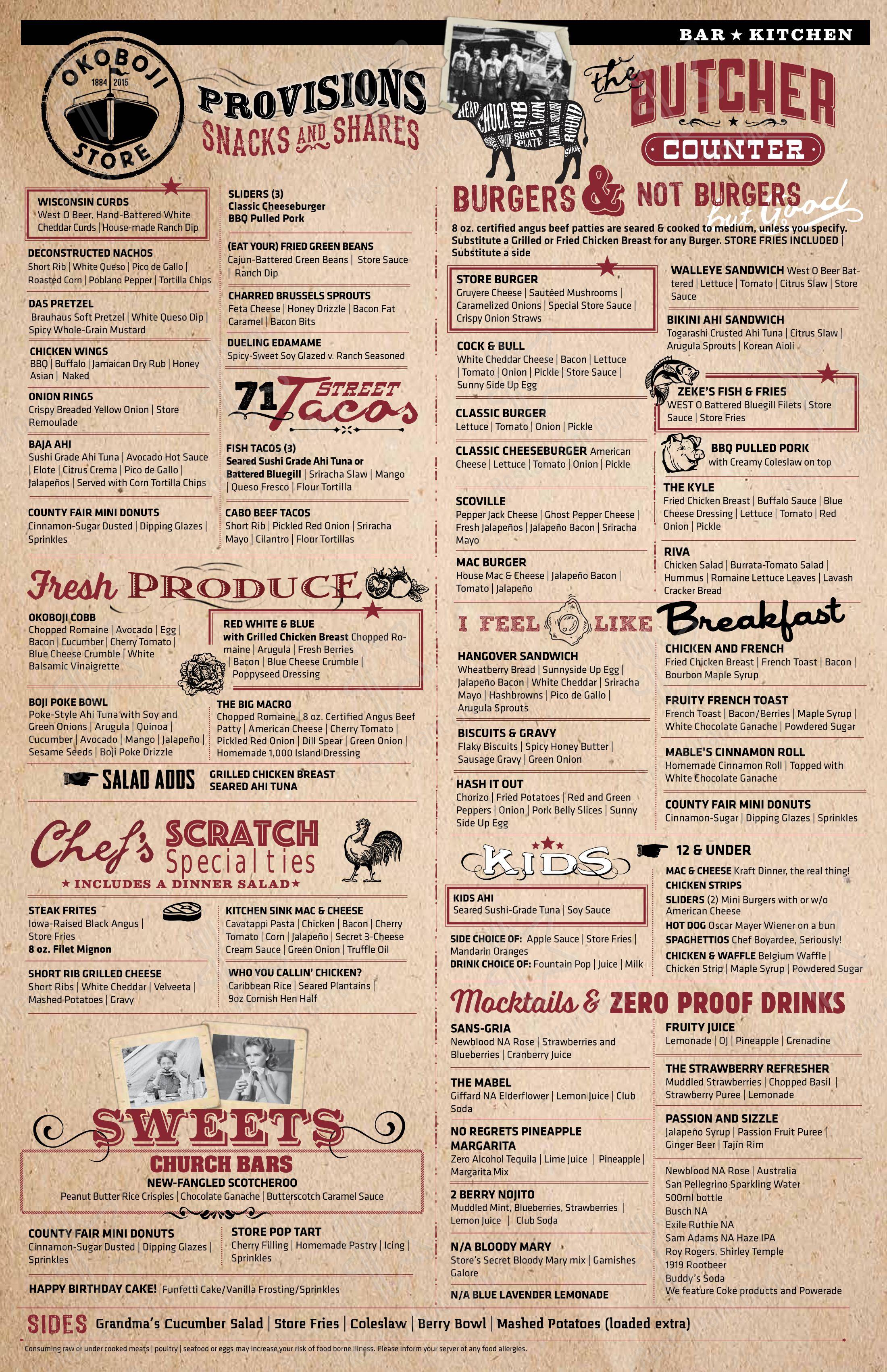 Menu at Okoboji Store pub & bar, Okoboji