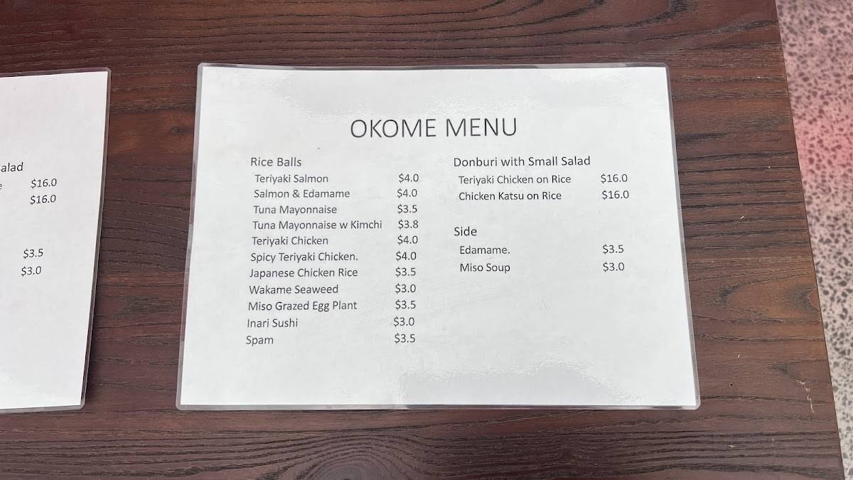Menu at Japanese Restaurant Okome, Auckland