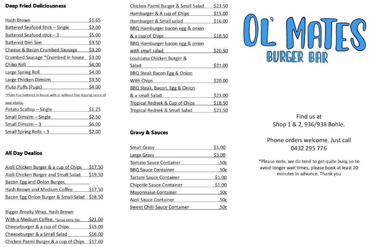 Menu at Ol' Mates Burger Bar, Bohle