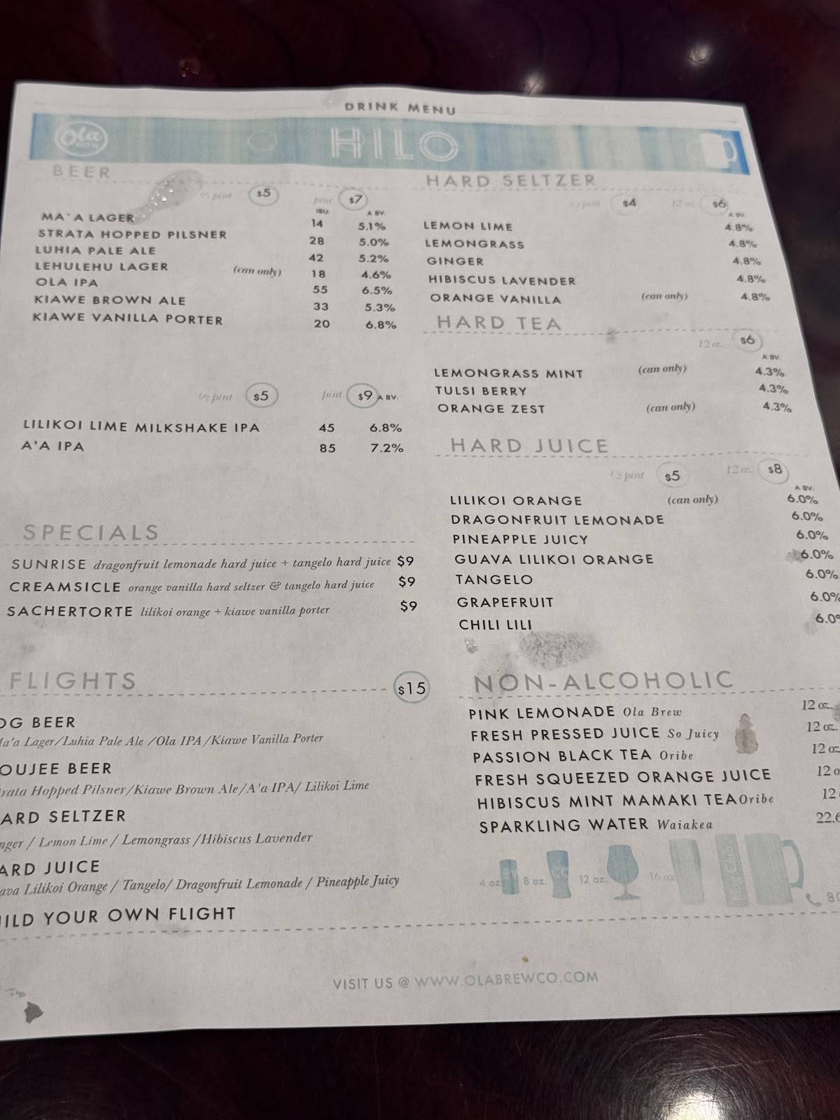 Menu at Ola Brew - Hilo pub & bar, Hilo