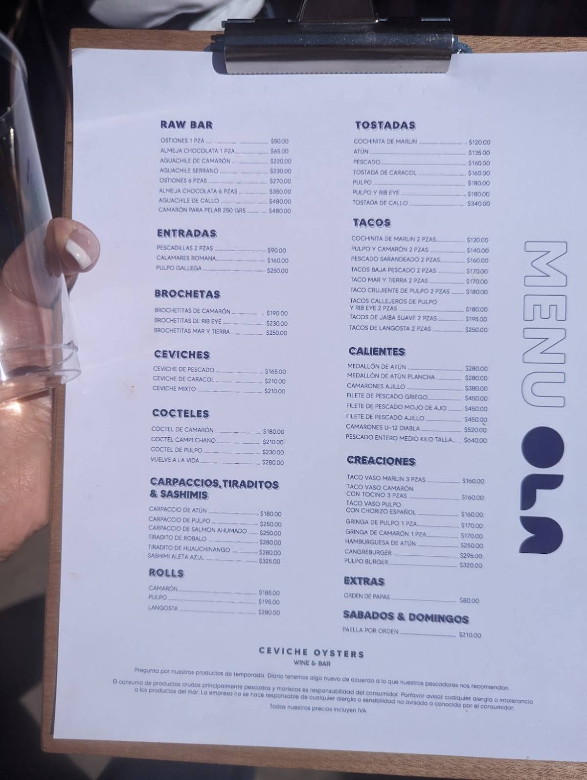Menu at Ola Ceviche Oysters Wine & Bar, Naucalpan