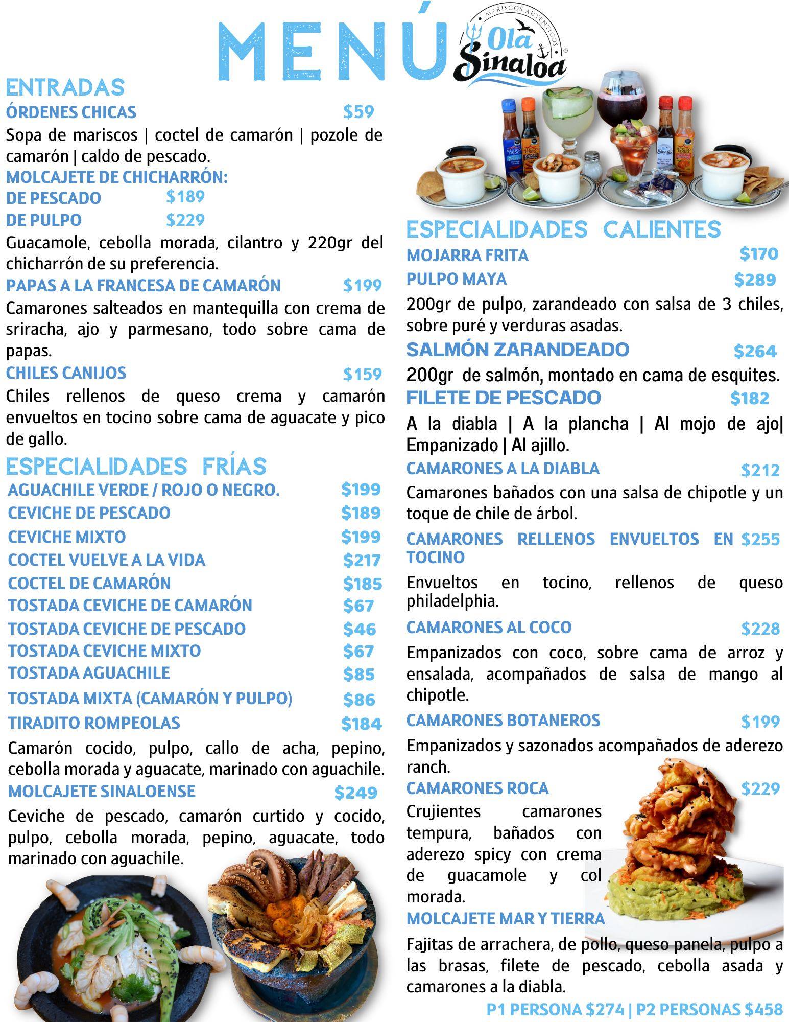 Carta de Ola Sinaloa - Mariscos Auténticos Rib’s Restaurant-Bar, Monclova