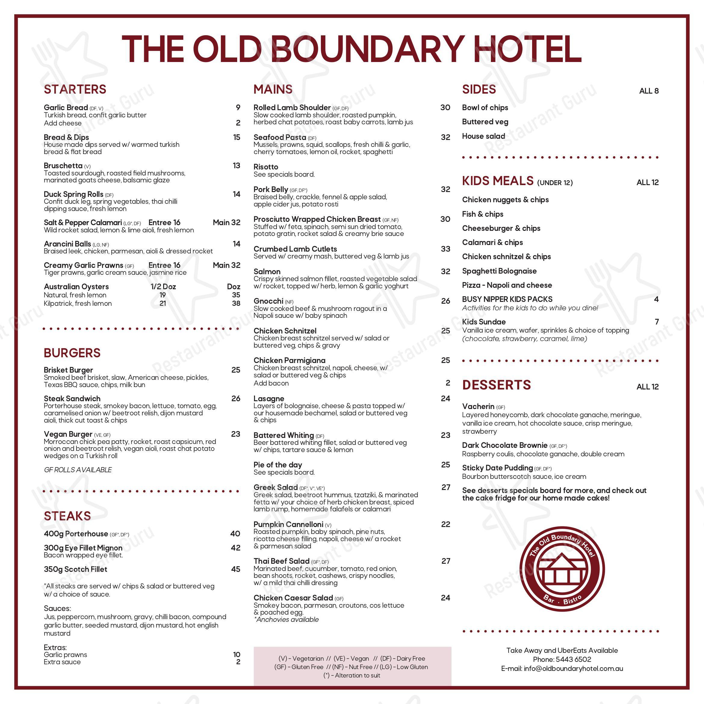 Menu at Old Boundary Hotel pub & bar, Bendigo