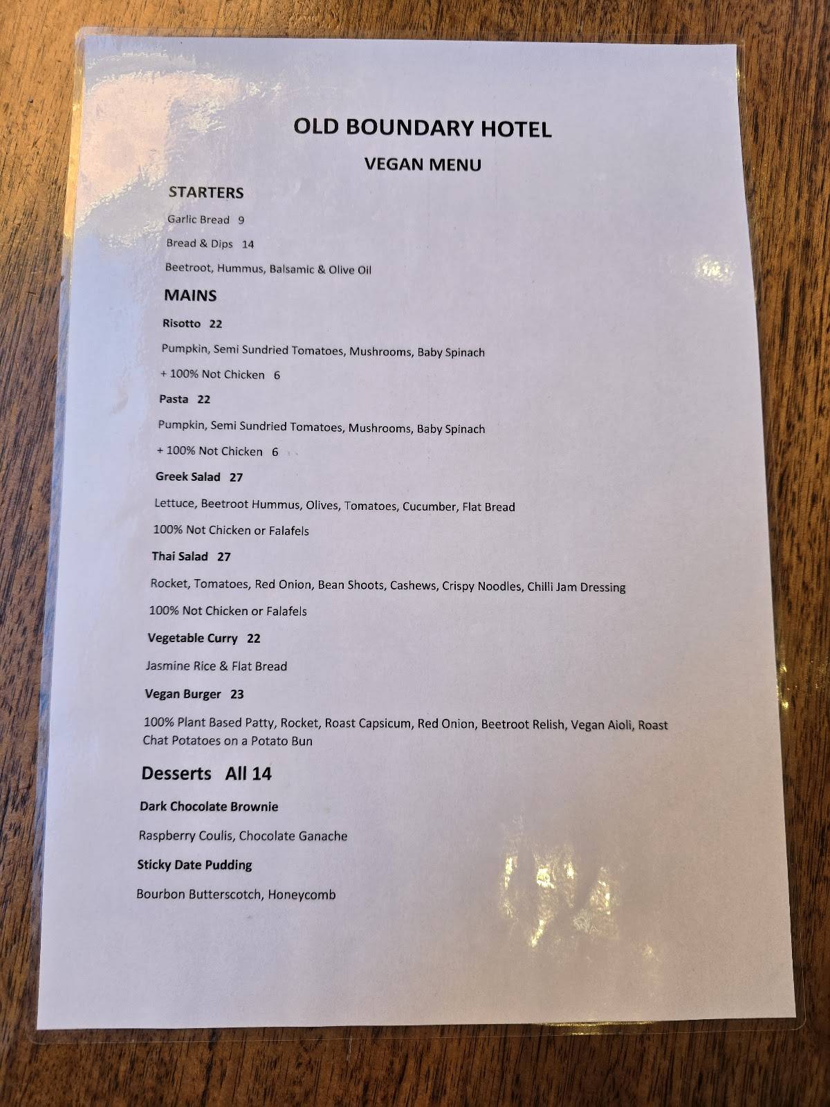 Menu at Old Boundary Hotel pub & bar, Bendigo