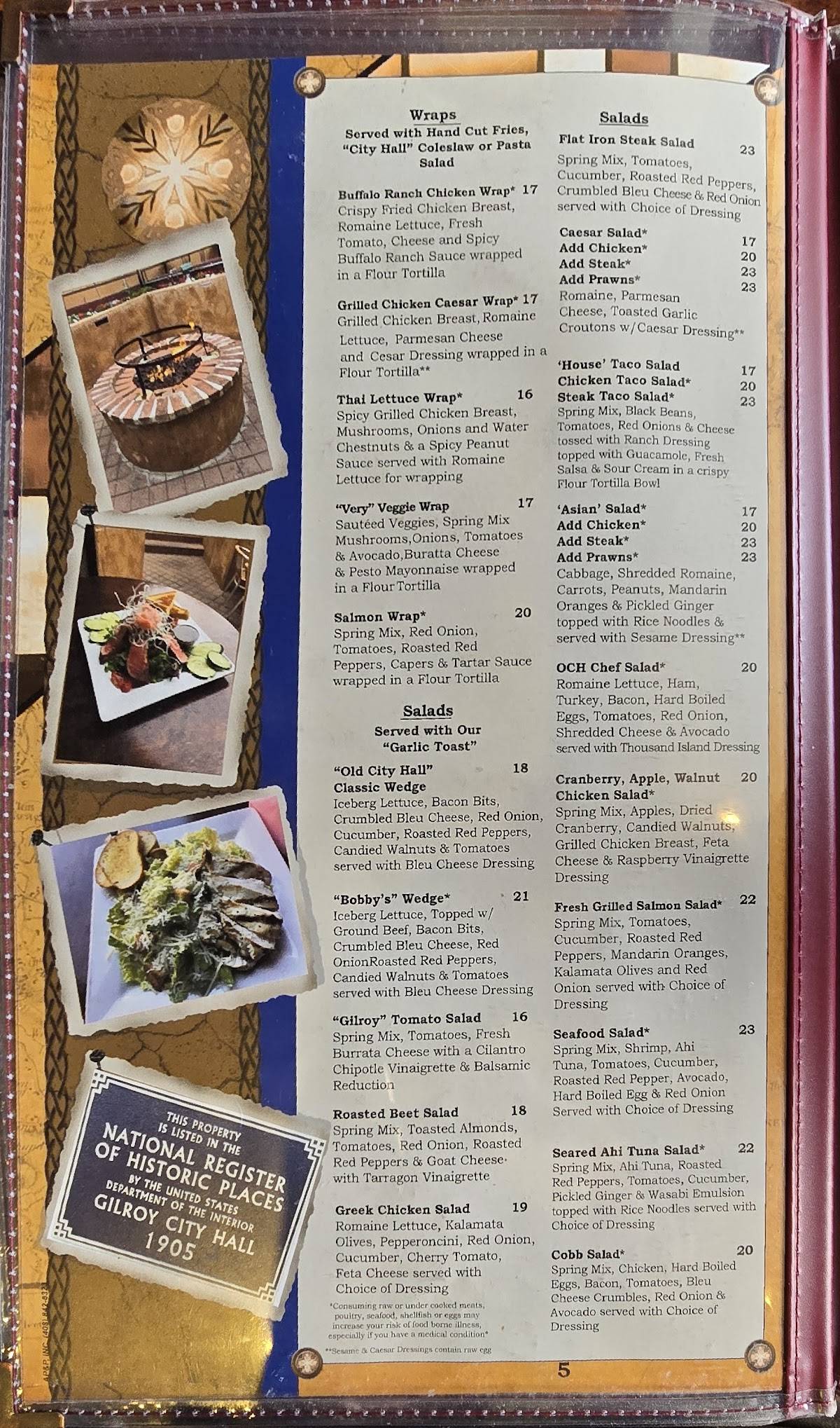 Menu at Old City Hall Restaurant, Gilroy